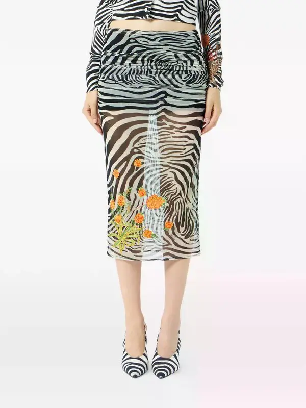 Blumarine Zebra-print Embroidered Midi Skirt - Black