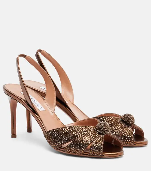 AQUAZZURA Italian Flirt 75 Embellished Leather Slingbacks - Brown