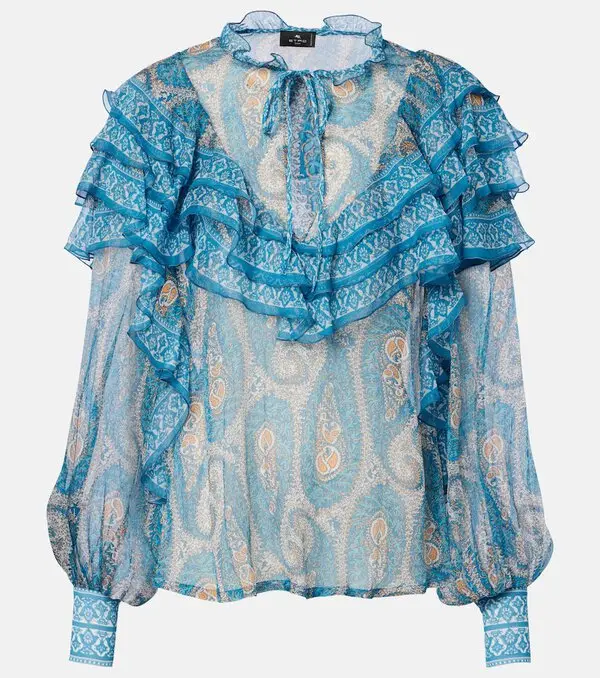 Etro Paisley Ruffled Silk Blouse - Blue