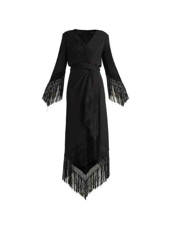 Tadashi Shoji V-neck Midi Dress With Fringe Trim - Black