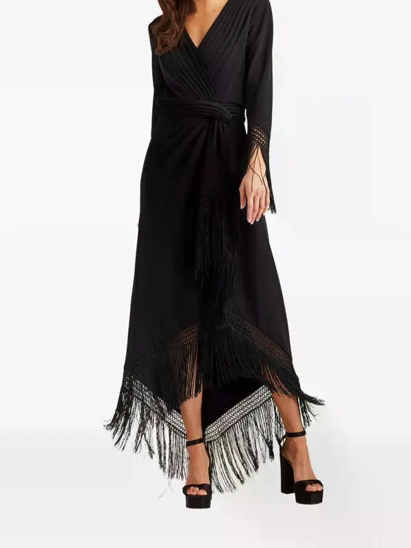 Tadashi Shoji V-neck Midi Dress With Fringe Trim