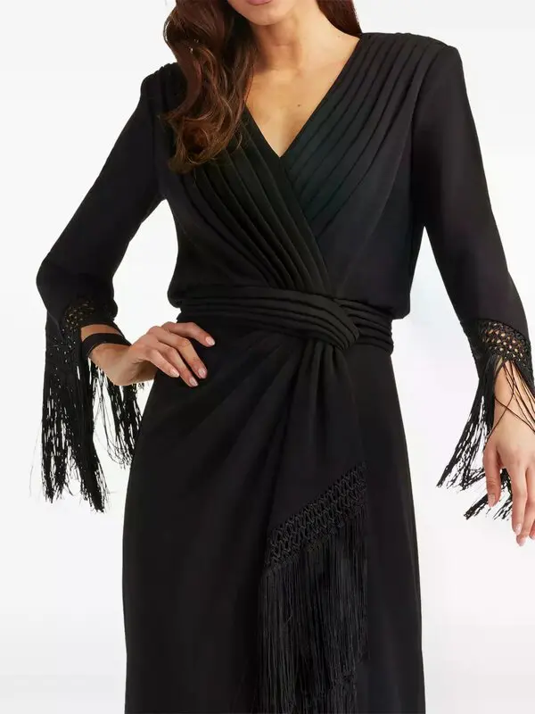Tadashi Shoji V-neck Midi Dress With Fringe Trim
