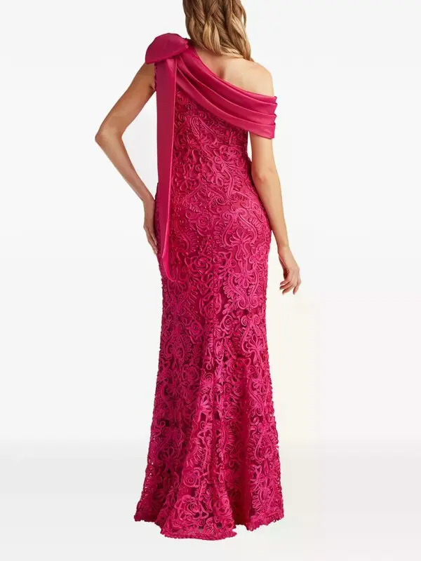 Tadashi Shoji One-shoulder Maxi Dress With Hibiscus Embroidery And Bow Detail