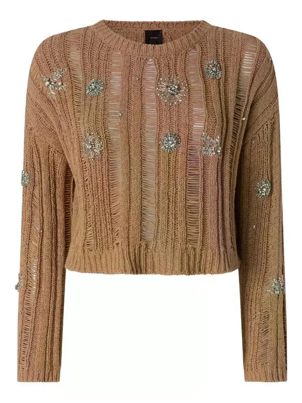 Pinko Embellished Distressed Knit Top - Brown
