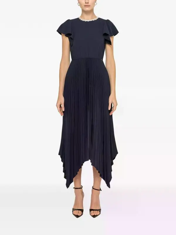 NISSA Crystal-embellished Pleated Asymmetrical Hem Dress