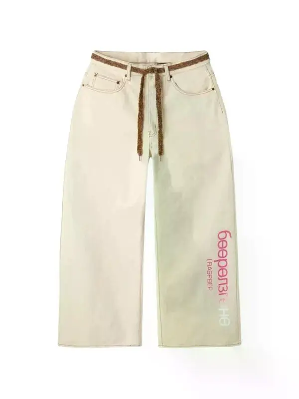 GV GALLERY Wide-leg Trousers With Contrast Stitching And Drawstring Waist - Neutrals