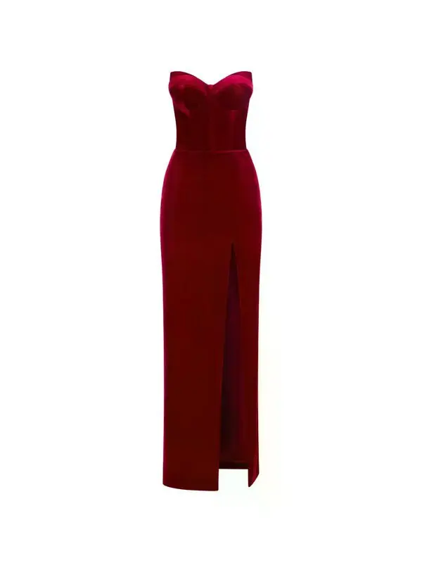 IMROSKA Strapless Sweetheart Neck Maxi Dress With Front Slit - Red
