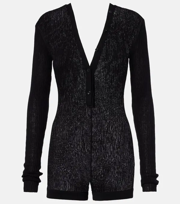 MUGLER Ribbed-knit Cotton Romper - Black