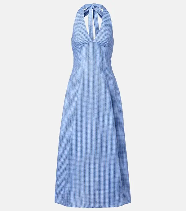 Faithfull The Brand Marais Checked Linen Midi Dress - Blue