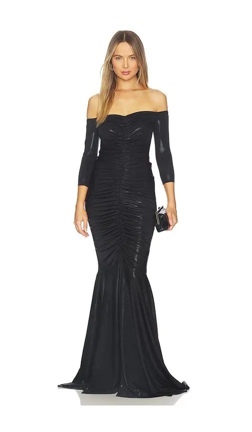 Norma Kamali Off Shoulder Shirred Front Fishtail Gown - Black