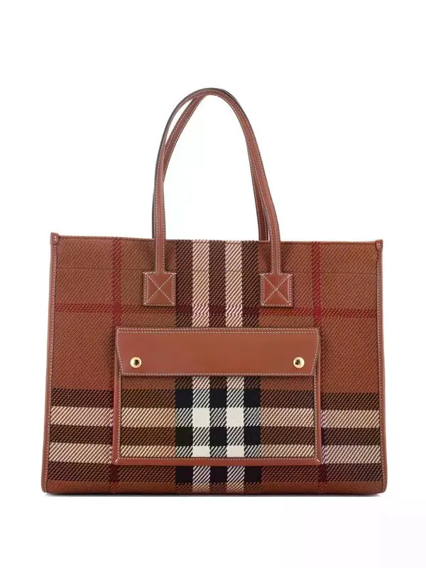 Burberry Freya Shopping Check Canvas With Leather Tote Bag - Brown