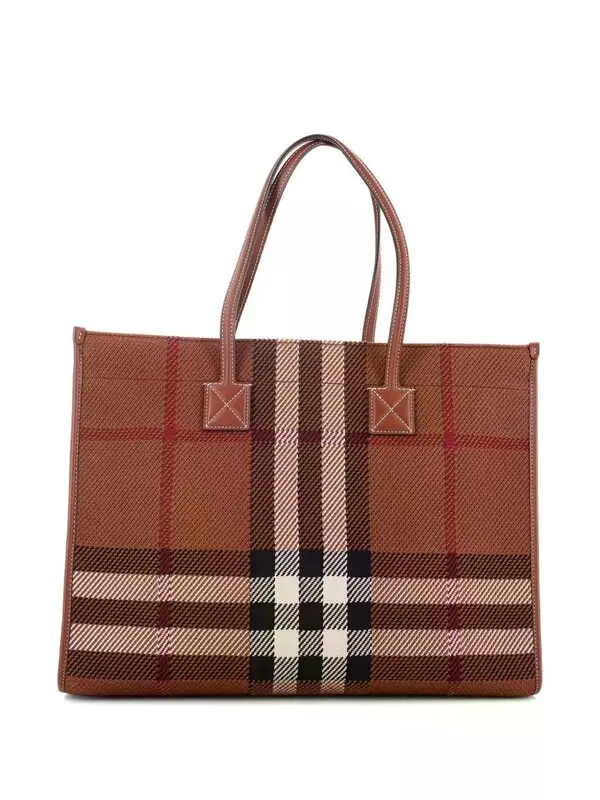 Burberry Freya Shopping Check Canvas With Leather Tote Bag