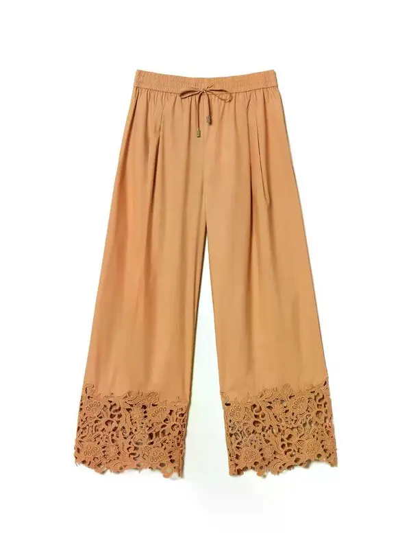 TWINSET Cotton Poplin Wide-leg Trousers With Scalloped Macramé Hem - Neutrals