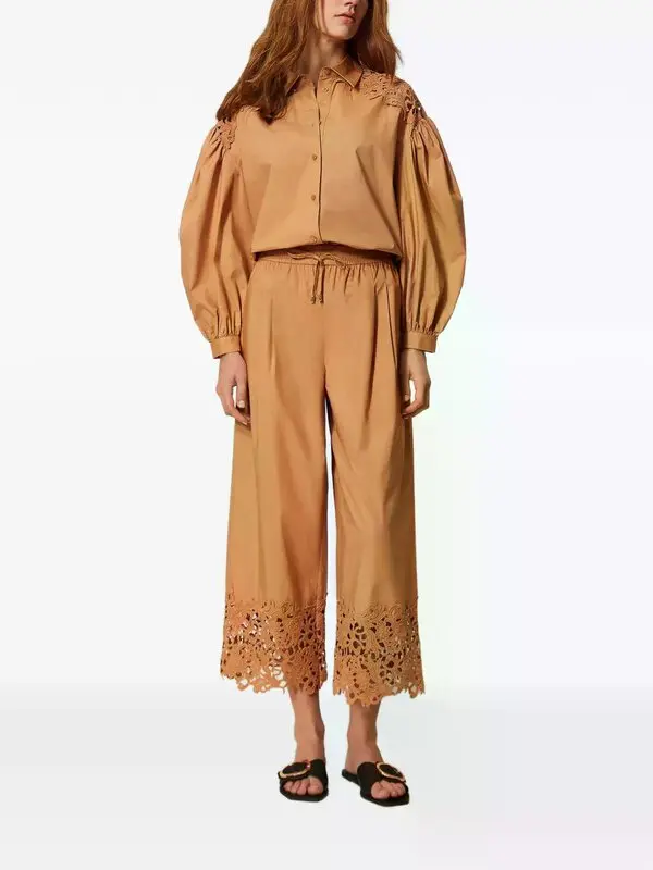 TWINSET Cotton Poplin Wide-leg Trousers With Scalloped Macramé Hem - Neutrals