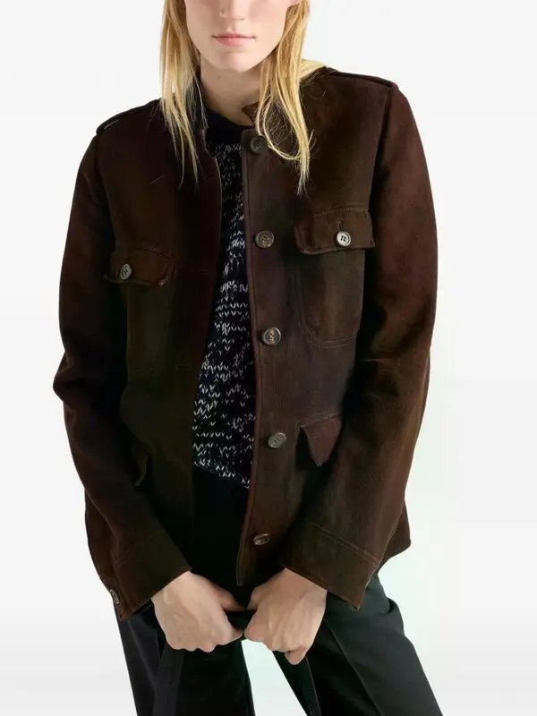 Prada Suede Button-front Jacket With Stand Collar - Brown