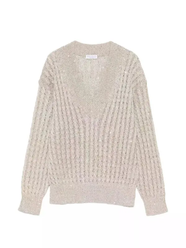 Brunello Cucinelli Sequin Embellishment V-neck Sweater - Neutrals
