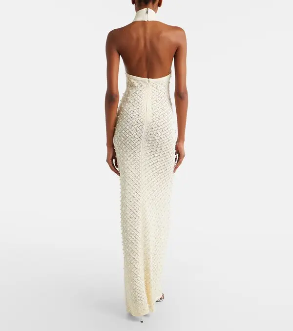 David Koma Crochet Embellished Turtleneck Gown