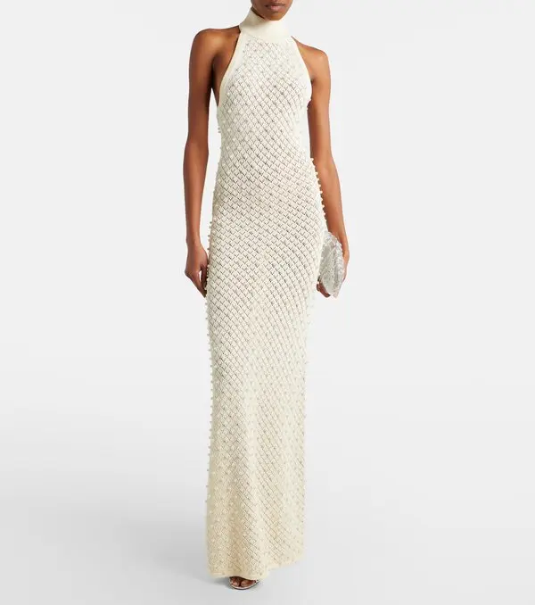 David Koma Crochet Embellished Turtleneck Gown