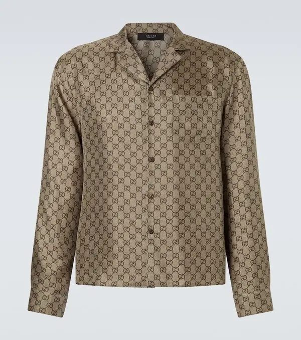 Gucci Gg Printed Silk Twill Shirt - Beige