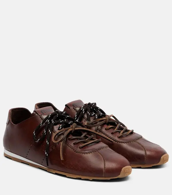 Miu Miu Plume Leather Sneakers - Brown