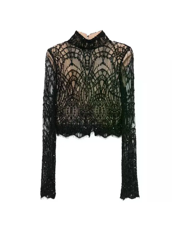 M.MARQUISE Lace Sequin Embellished High Neck Blouse With Fringed Hem