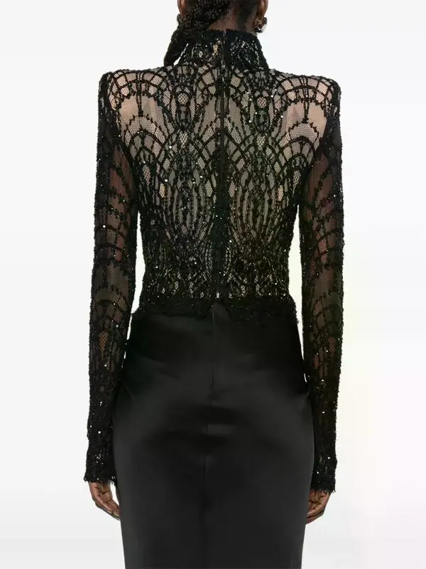 M.MARQUISE Lace Sequin Embellished High Neck Blouse With Fringed Hem