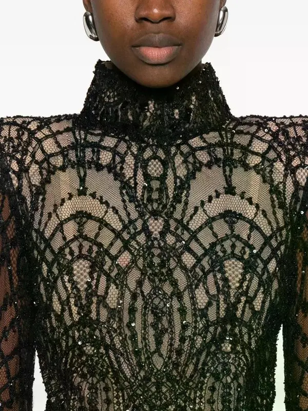 M.MARQUISE Lace Sequin Embellished High Neck Blouse With Fringed Hem