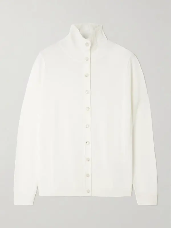 ALLUDE Wool Rib-knitted Turtleneck Cardigan - Neutrals