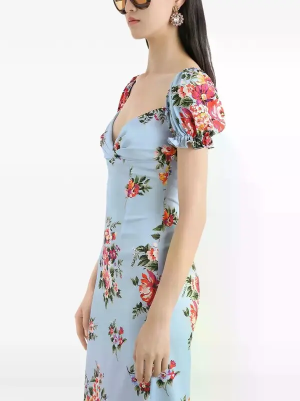 Dolce & Gabbana Floral Print Puff Sleeve Midi Dress - Blue