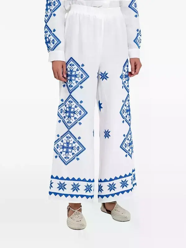 Greek Archaic Kori Elastic Waistband Printed Trousers - White