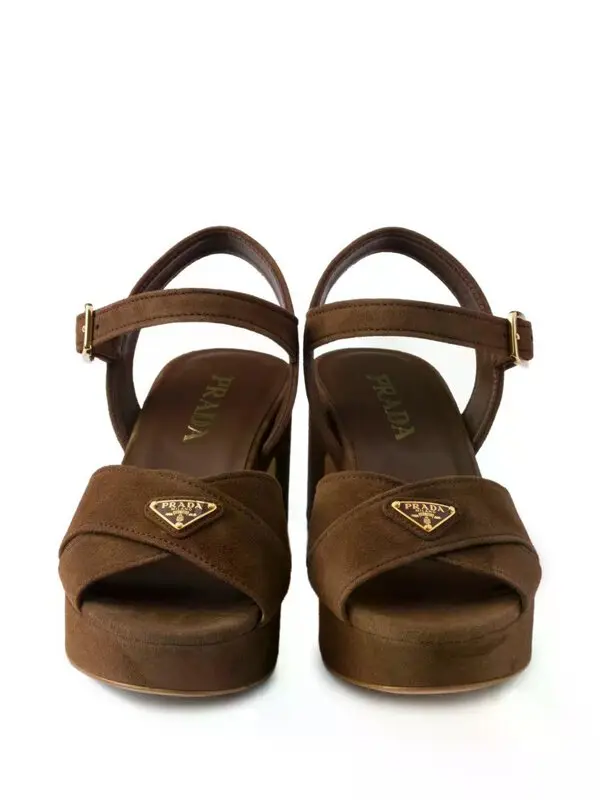 Prada Suede Platform Sandals With Geometric Logo Detail - Brown