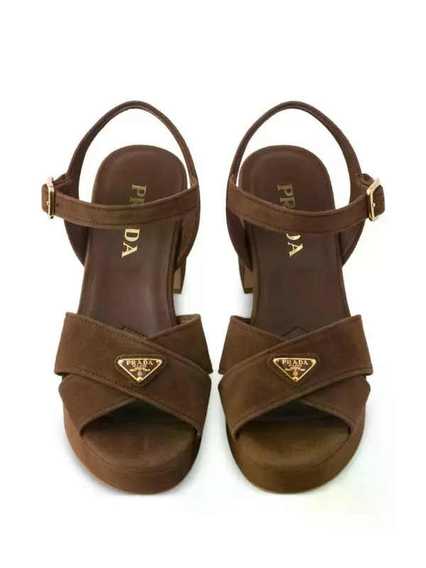 Prada Suede Platform Sandals With Geometric Logo Detail - Brown