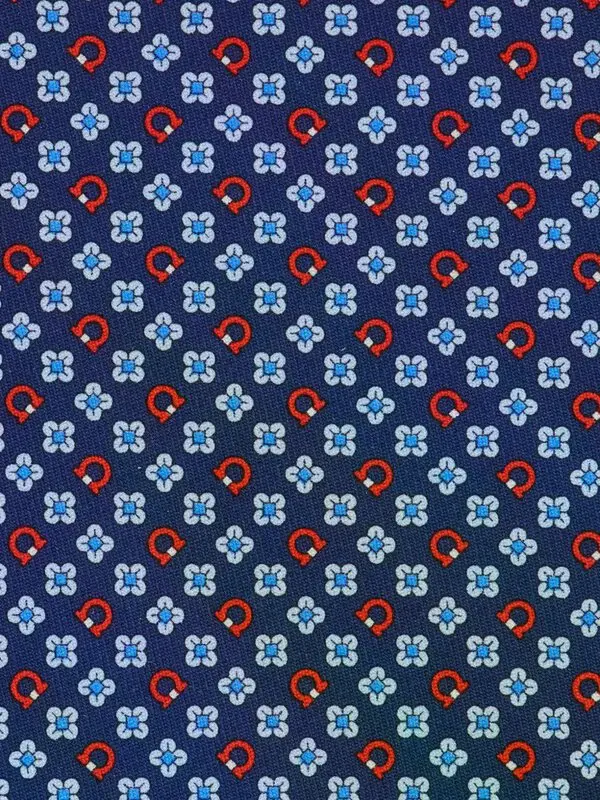 FERRAGAMO Gancini Flower Print Silk Neck Tie - Blue
