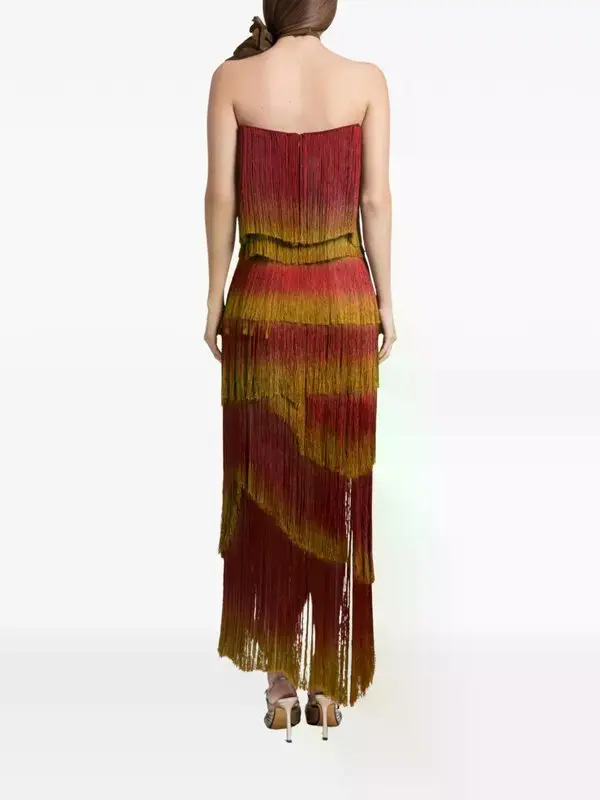 GEMY MAALOUF Strapless Tiered Tasseled Midi Dress