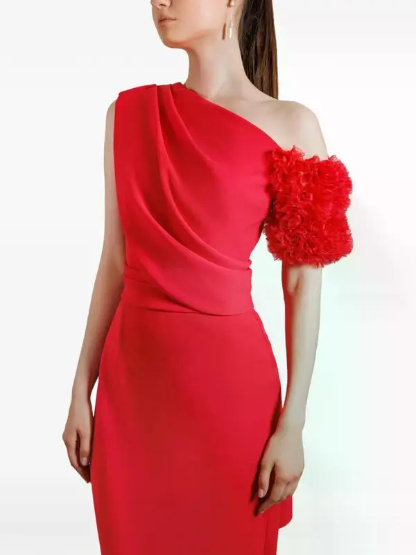GEMY MAALOUF One Shoulder Draped Gown With Ruffle Detail