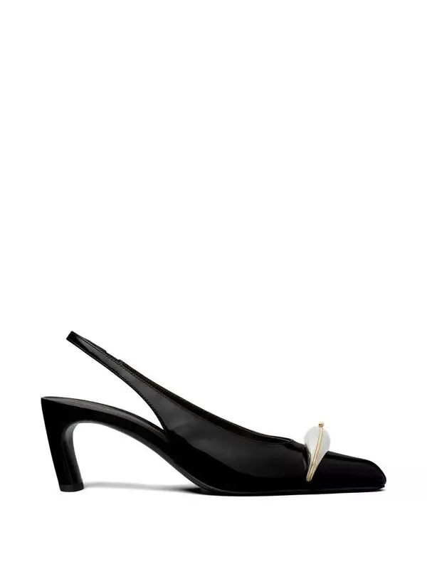 Tory Burch Patent Leather Pierced Slingback Heels With Metal Ring Detail - Black