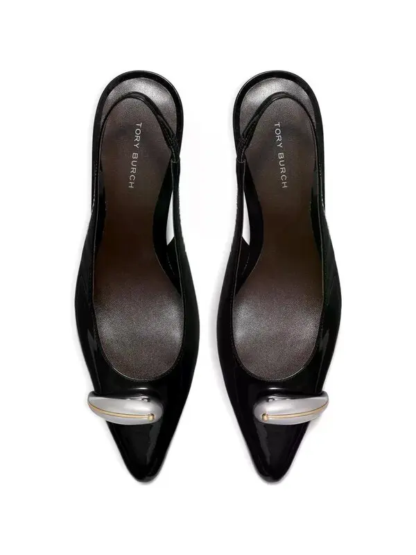Tory Burch Patent Leather Pierced Slingback Heels With Metal Ring Detail - Black