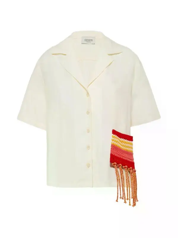 LANEUS Cream Crochet Pocket Fringed Shirt