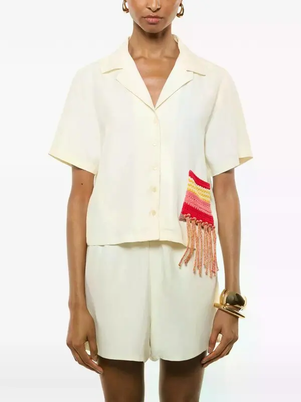 LANEUS Cream Crochet Pocket Fringed Shirt