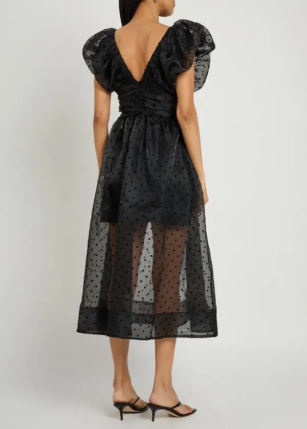 GANNI Polka-dot Ruched Organza Midi Dress