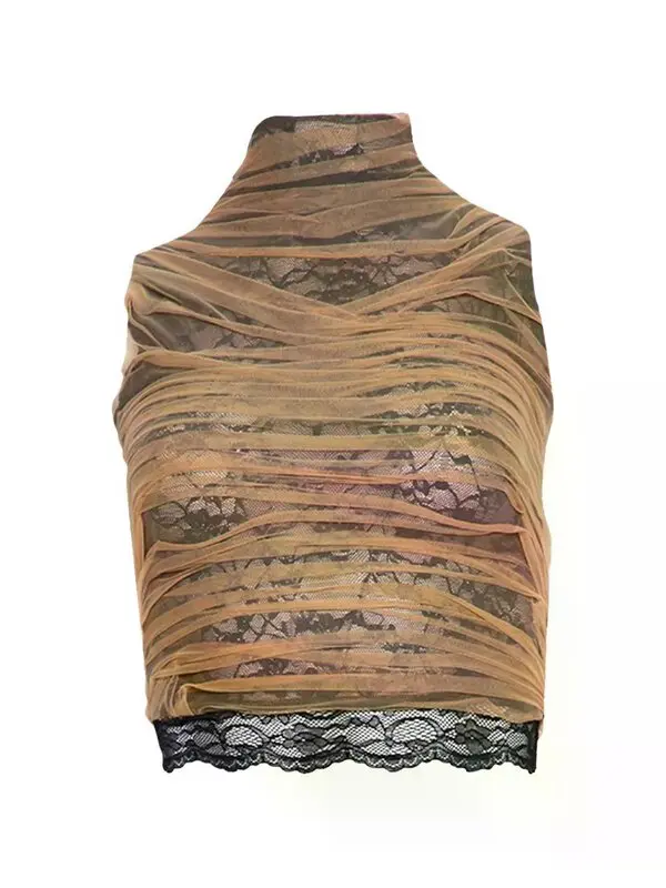 DI PETSA Draped Lace High Neck Mesh Top