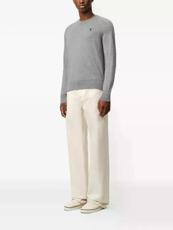 AMI Paris Wool Crewneck Sweater With De Coeur Embroidery - Grey