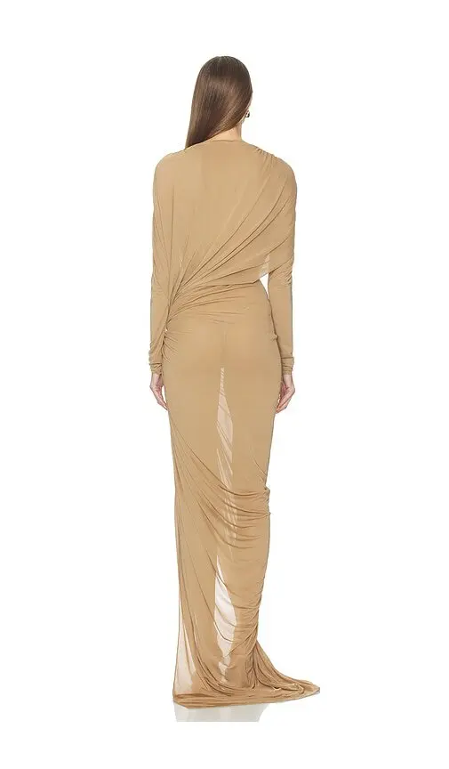 Atlein Long Sleeve Draped High Slit Dress - Tan