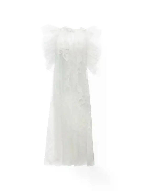 GEMY MAALOUF A-line Embroidered Midi Dress With Ruffle Detail - White