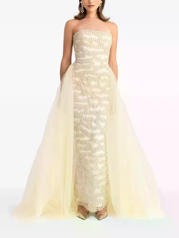 GEMY MAALOUF Embroidered Strapless Maxi Gown With Tulle Tail - Neutrals