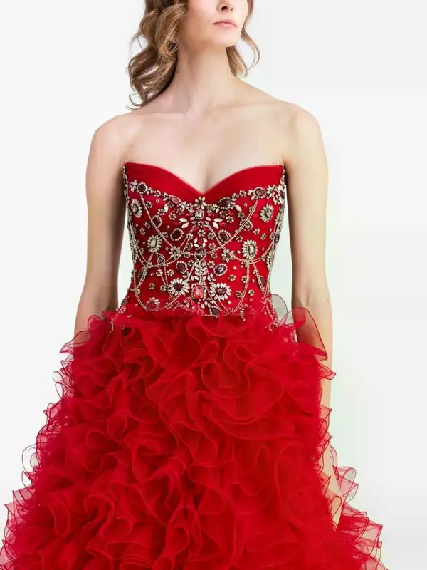 GEMY MAALOUF Strapless Corset Maxi Dress With Beaded Embellishment And Ruffled Skirt