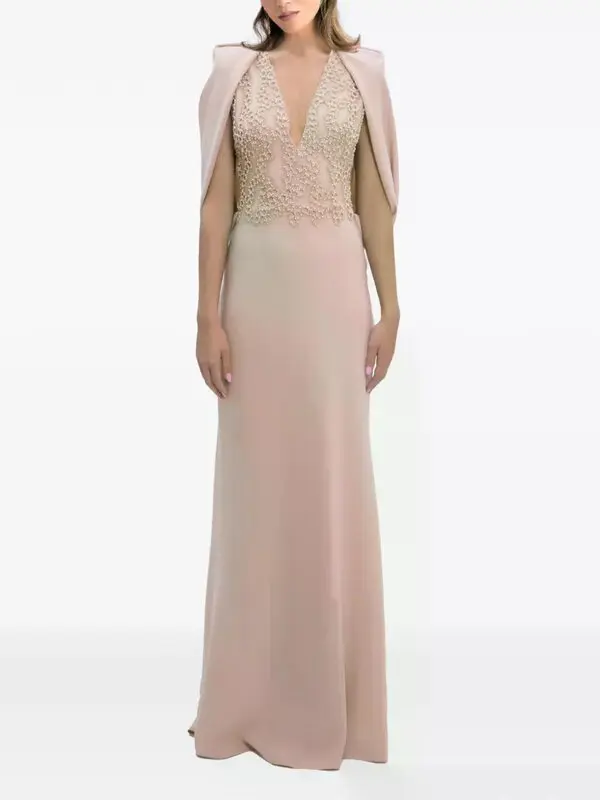 GEMY MAALOUF Cape Sleeve Maxi Dress With Bead Embellishments - Neutrals