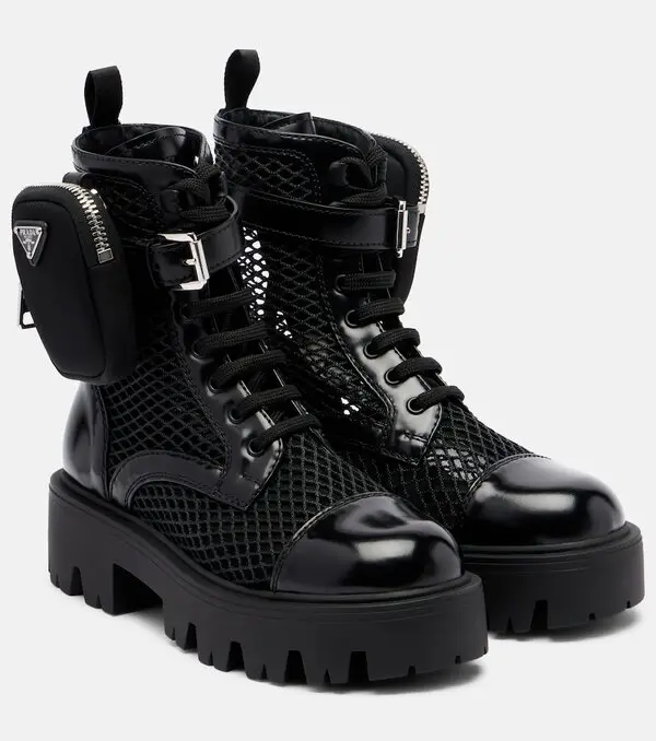 Prada Leather-trimmed Mesh Combat Boots - Black