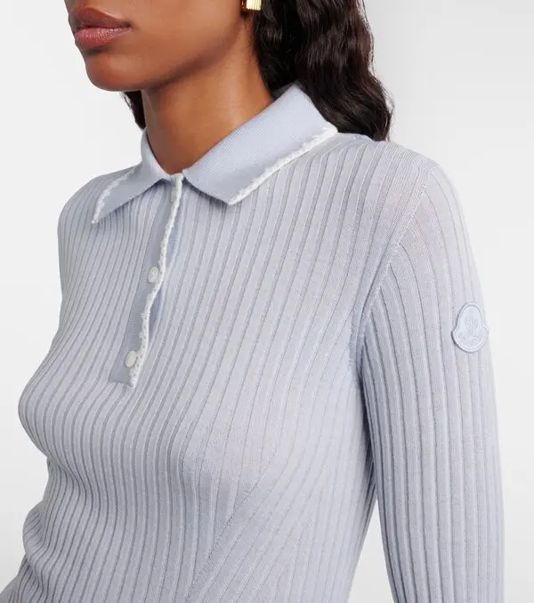 Moncler Ribbed-knit Virgin Wool Polo Sweater - Blue