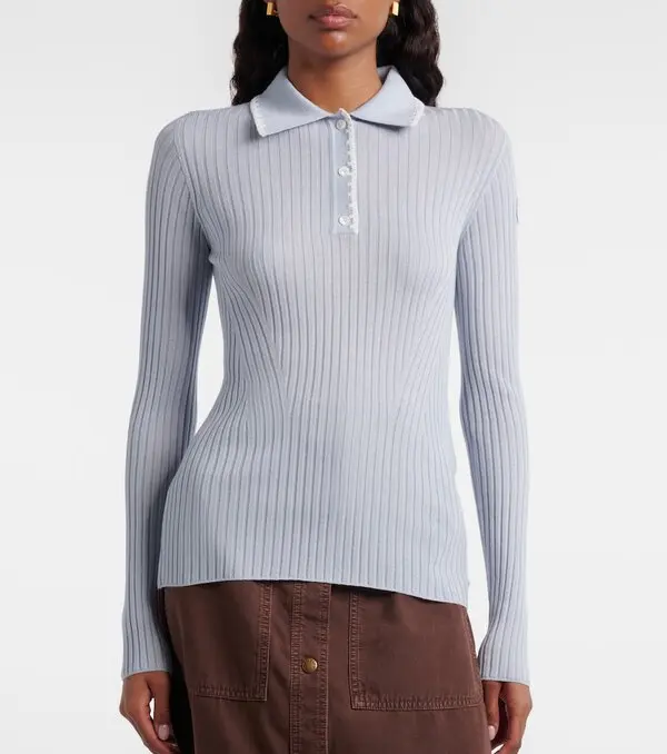 Moncler Ribbed-knit Virgin Wool Polo Sweater - Blue